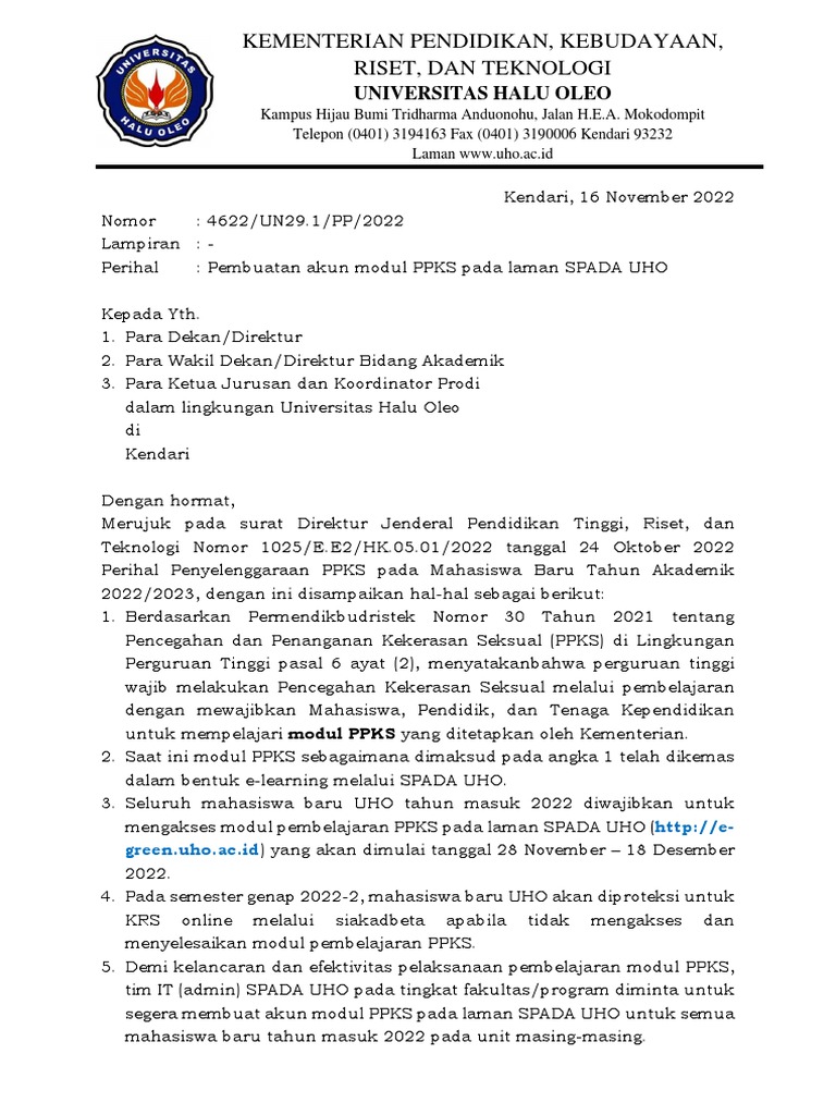 Penyampaian Pembuatan Akun SPADA UHO Modul PPKS | PDF