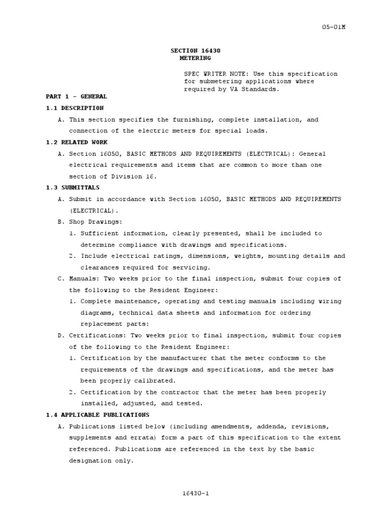 SECTION 16430 Metering | PDF | Specification (Technical Standard) | Electrical Engineering