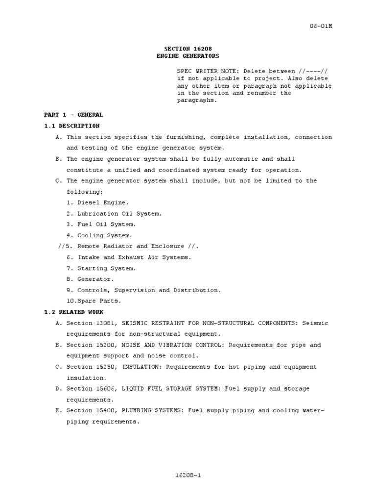 SECTION 16208 Engine Generators | PDF | Battery Charger | Pipe (Fluid Conveyance)