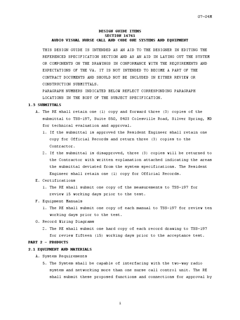 Design Guide Items SECTION 16761 Audio Visual Nurse Call and Code One ...