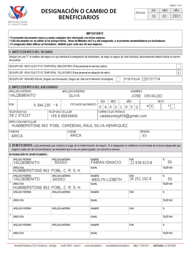 Designacion Cambio Beneficiario | PDF | Seguro de vida | Póliza de seguros