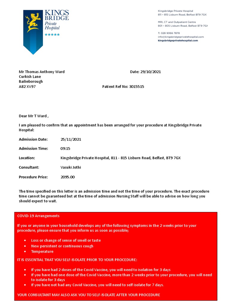 Hospital Admission Confirmation Letter | PDF | Hospital | Surgery