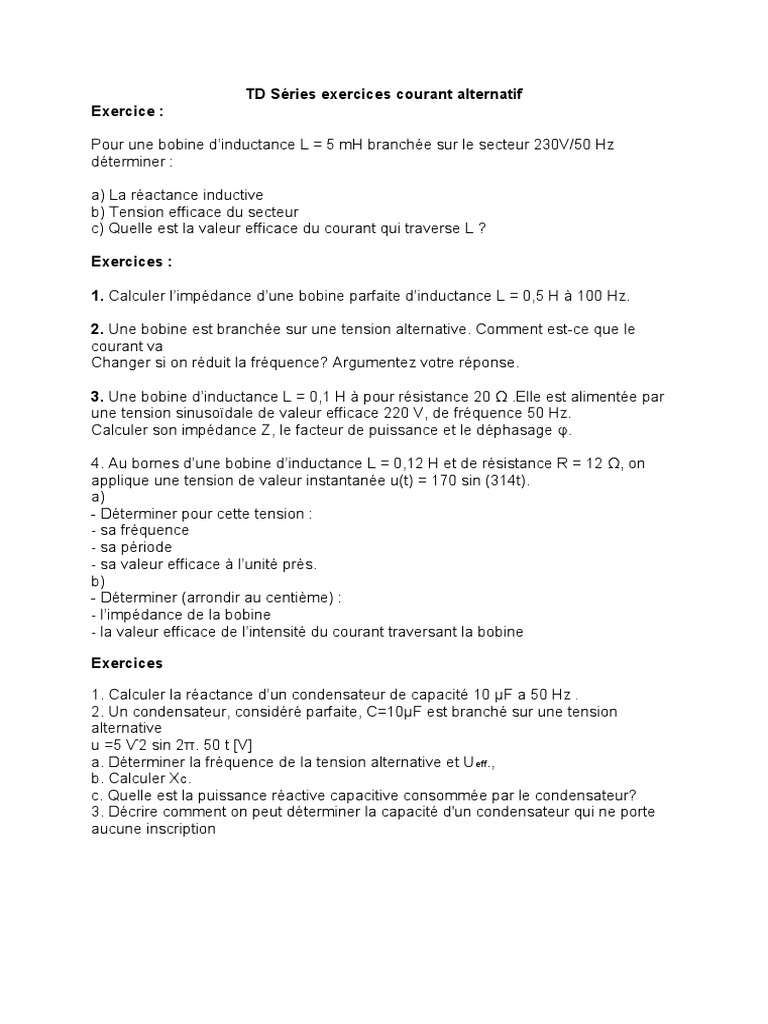 Exercices Corrigés sur Courant Alternatif | PDF | Impédance ...