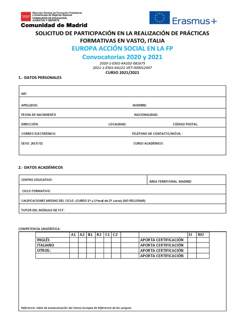 Modelo Presentación Candidatura ERASMUS Grado Medio | PDF