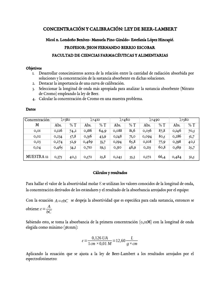 Informe Práctica 2 Ley de Beer-Lambert | PDF | Cantidad | Oscilación