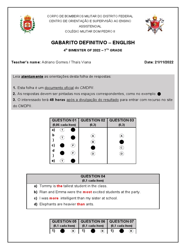 Folha de Respostas (Gabarito) | PDF