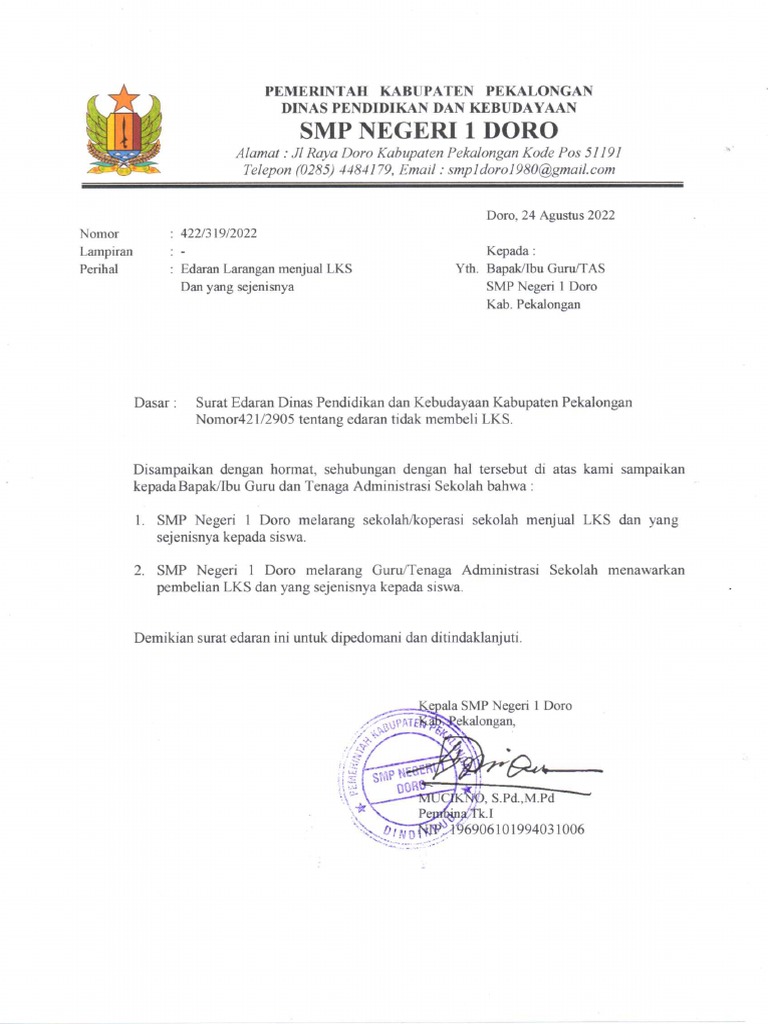 Surat Edaran Larangan Menjual LKS | PDF