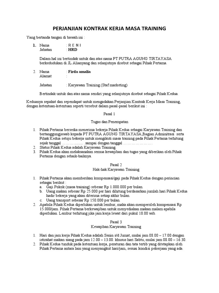 Perjanjian Kontrak Training PT | PDF