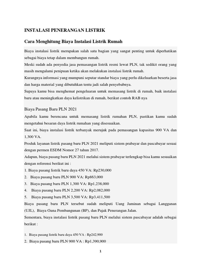 IPL-Cara Menghitung Biaya Instalasi Listrik Rumah | PDF