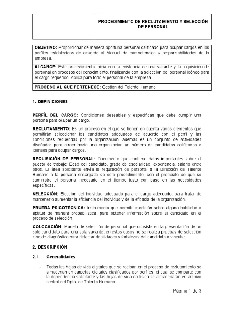 Anexo 2. Procedimiento para El Reclutamiento y Selección Del Personal-Tema 4 | PDF ...