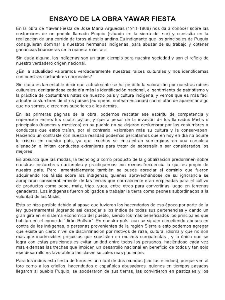 Ensayo de La Obra Yawar Fiesta | PDF