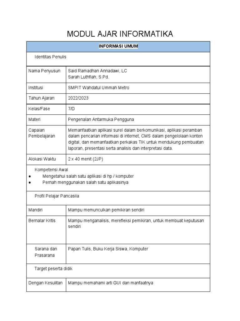 MODUL AJAR INFORMATIKA SMP (Pengenalan Antarmuka Pengguna) | PDF