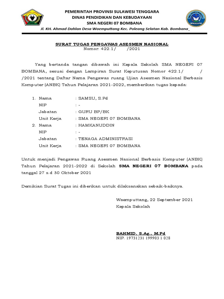 Surat Tugas Pengawas ANBK 2021 | PDF