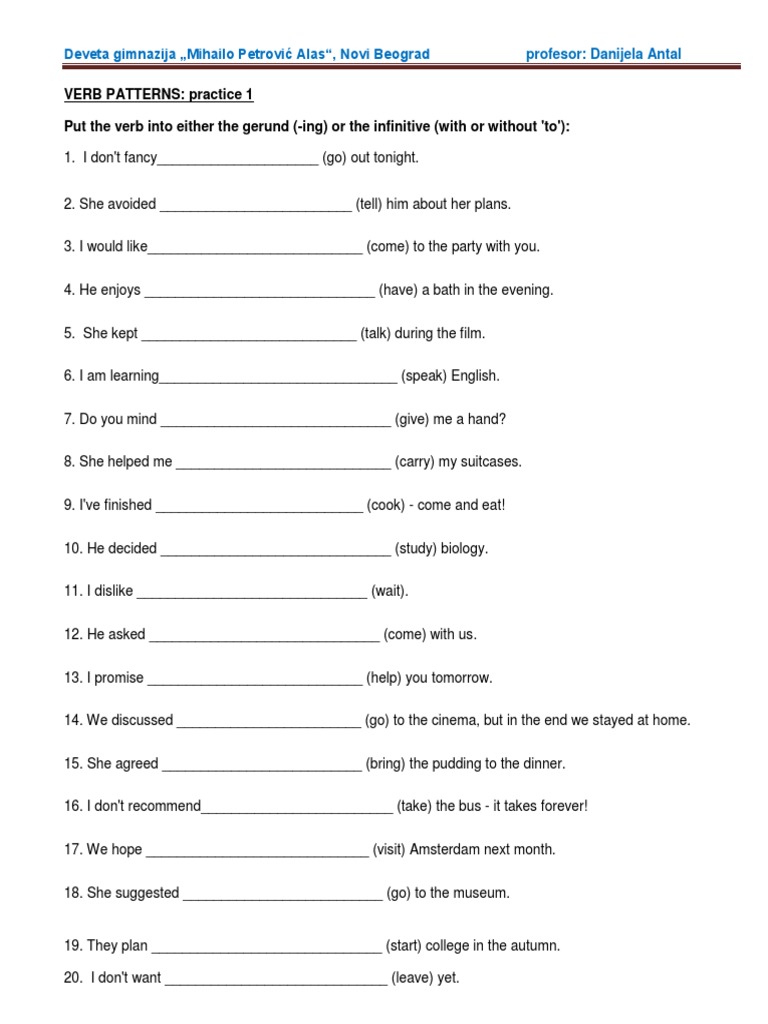 Verb Patterns - Practice 1 | PDF