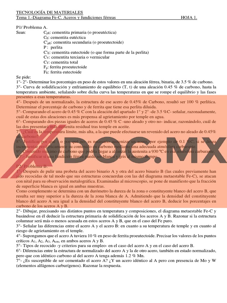 Xdoc - MX Tecnologia de Materiales Tema 1 Diagrama Fe | PDF | Acero | Hierro fundido