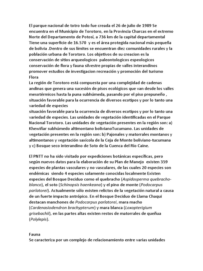 Parque Nacional de Toro Toro | PDF | Organismos