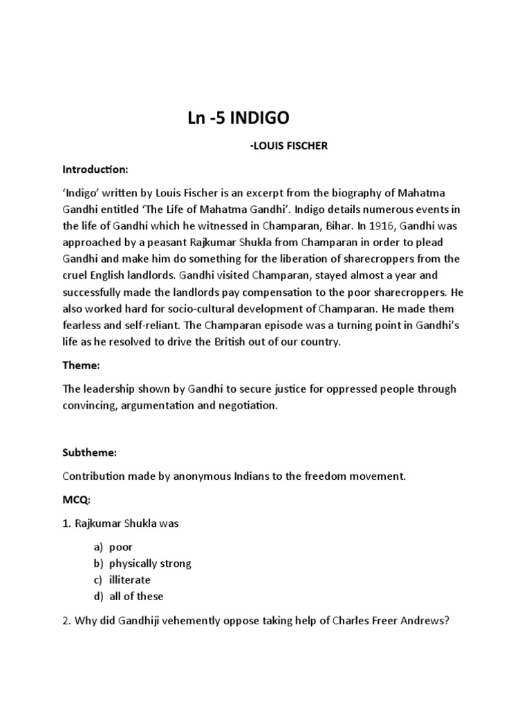 Indigo - Notes | PDF | Mahatma Gandhi | British Raj