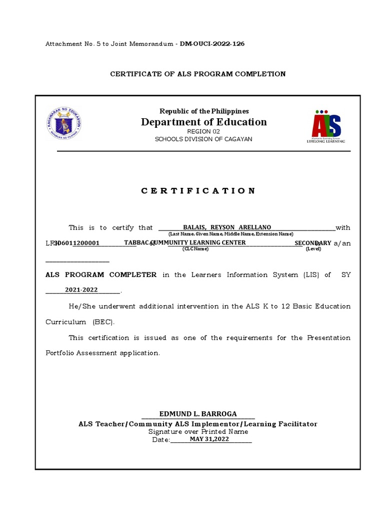 ALS Program Completion Certification | PDF | Curriculum | Teachers