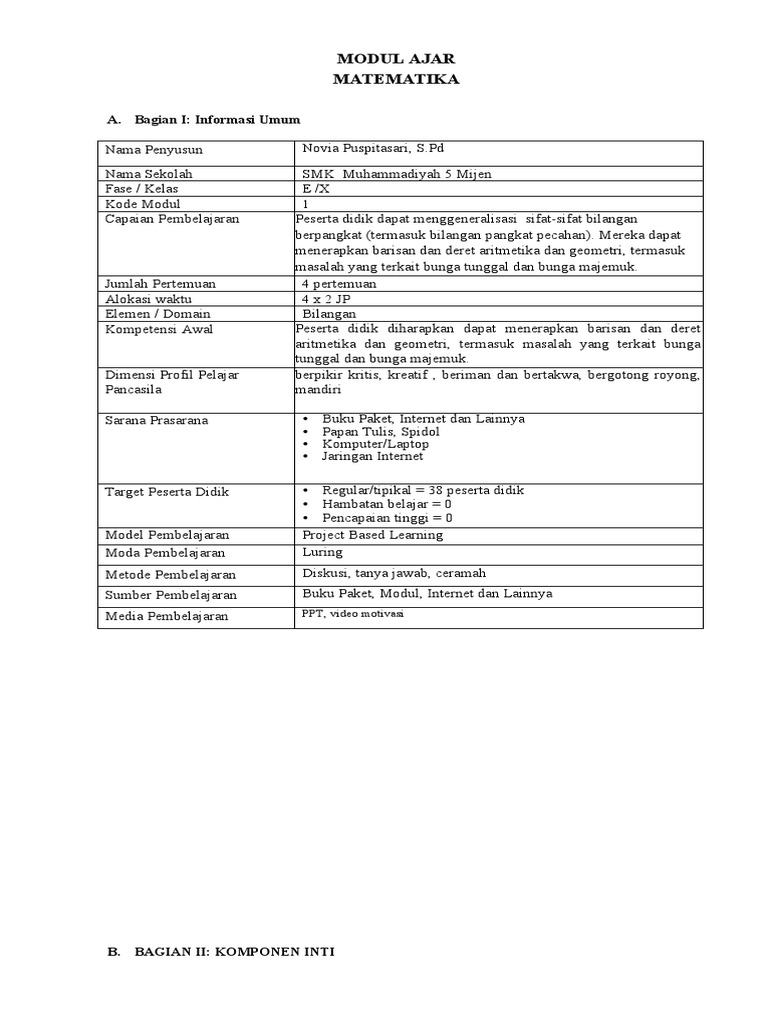 Contoh Format Modul Ajar Kelas X | PDF