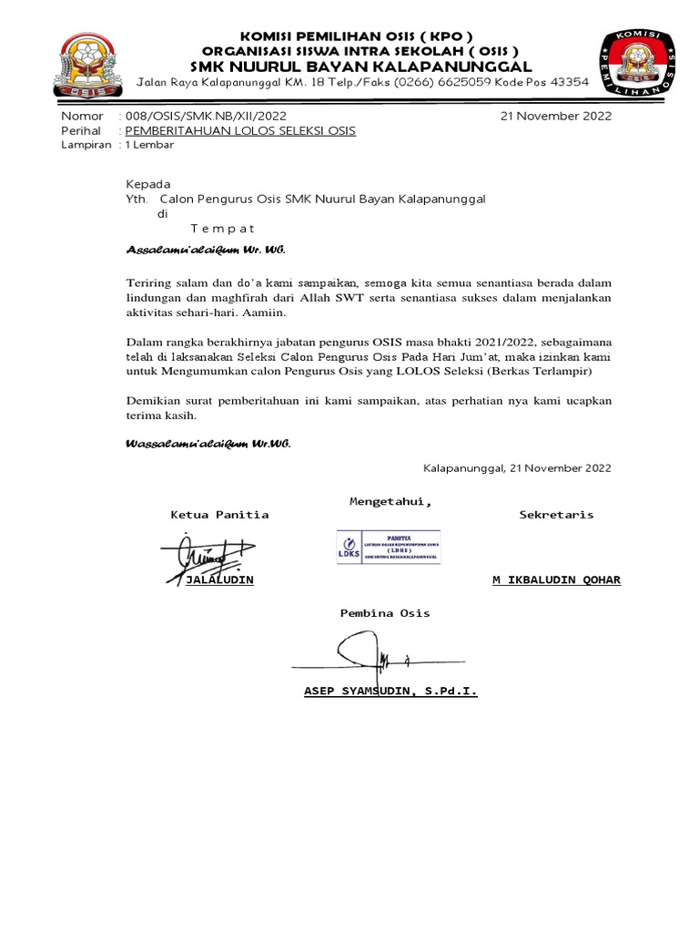 Surat Pemberitahuan Lolos Seleksi Osis | PDF