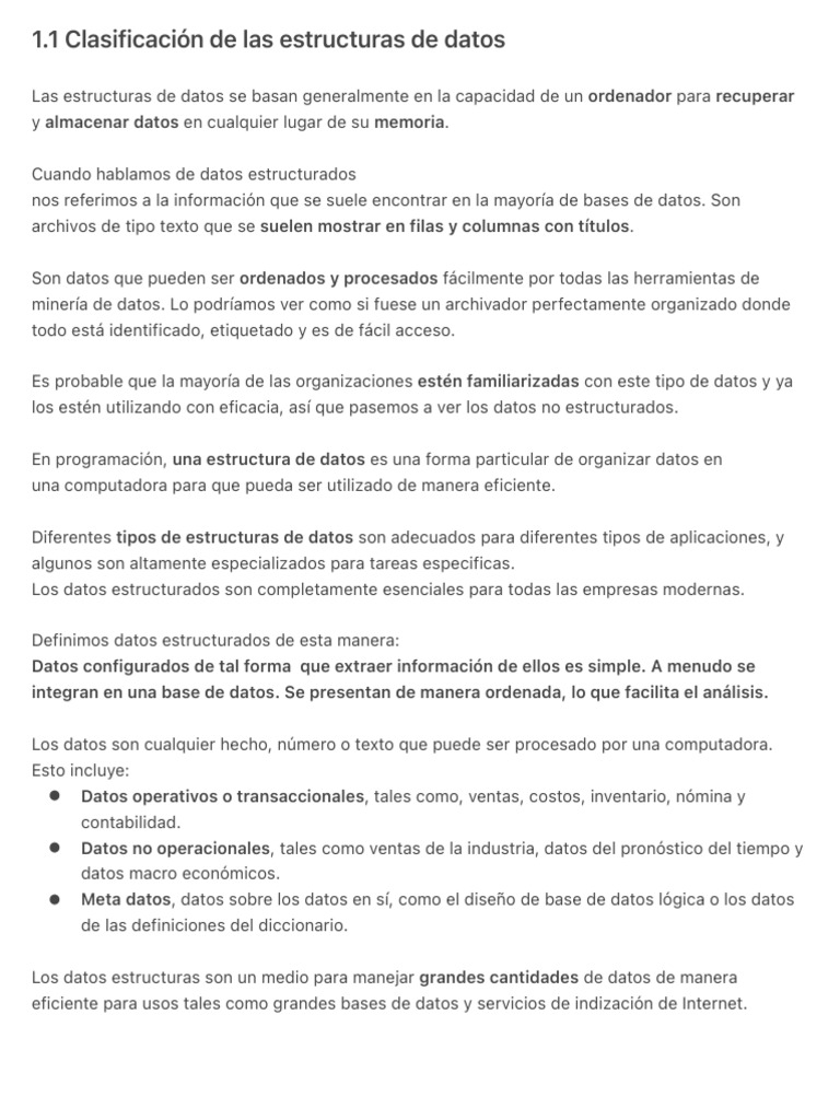 1.1 Clasificación de Las Estructuras de Datos | PDF | Estructura de ...