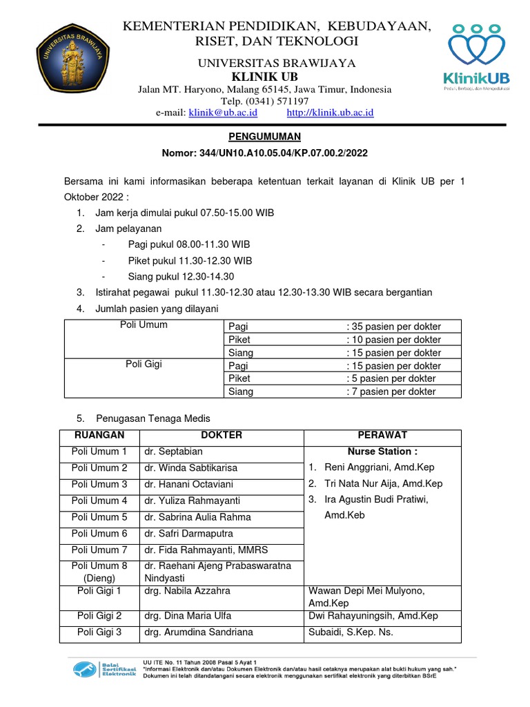 Pengumuman Jam Layanan Klinik UB Oktober 2022 | PDF