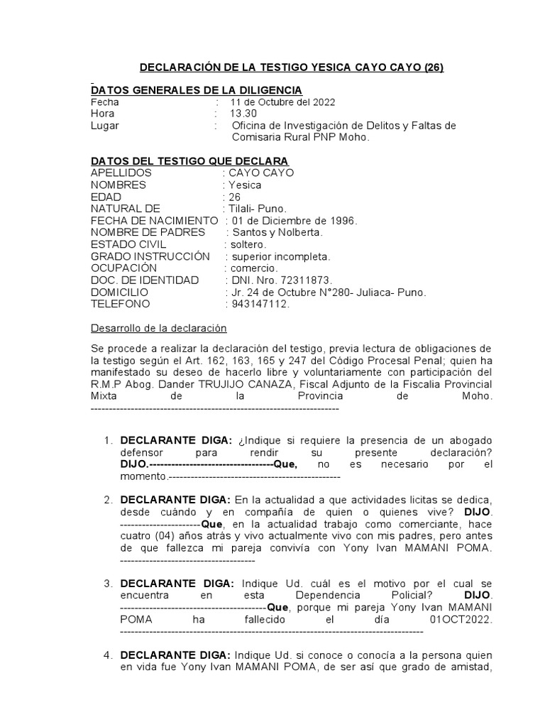 Declaración de La Testigo Yesica Cayo Cayo | PDF