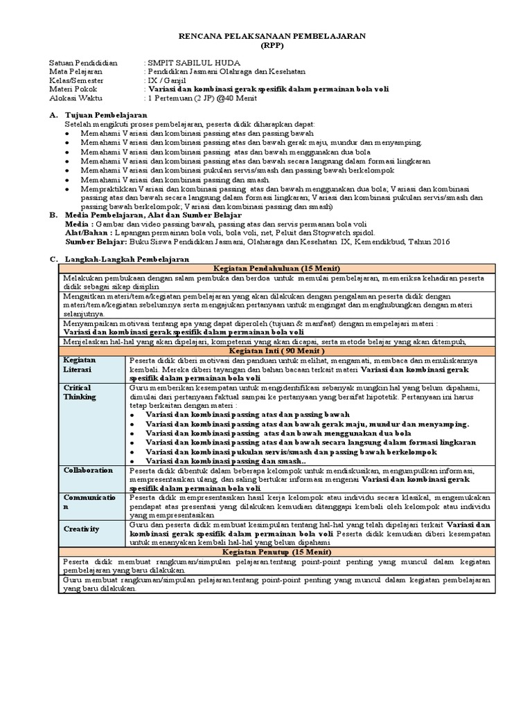 RPP PJOK Kelas 9 BOLA VOLI | PDF