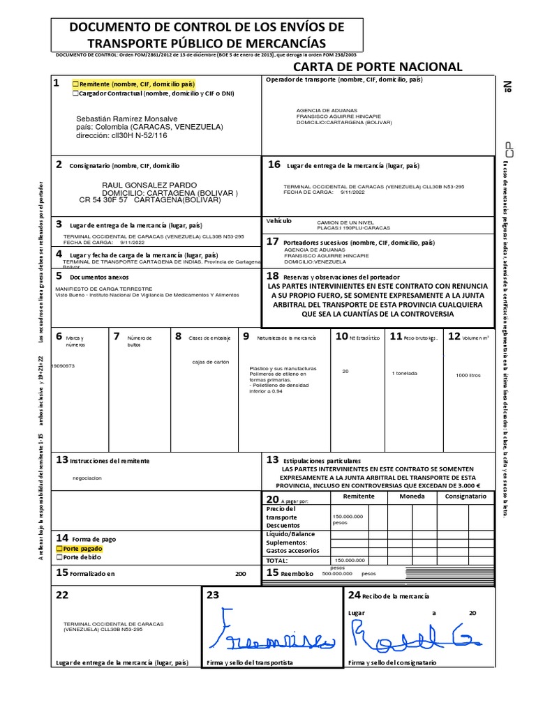 Formato de Carta de Porte Marítimo | PDF