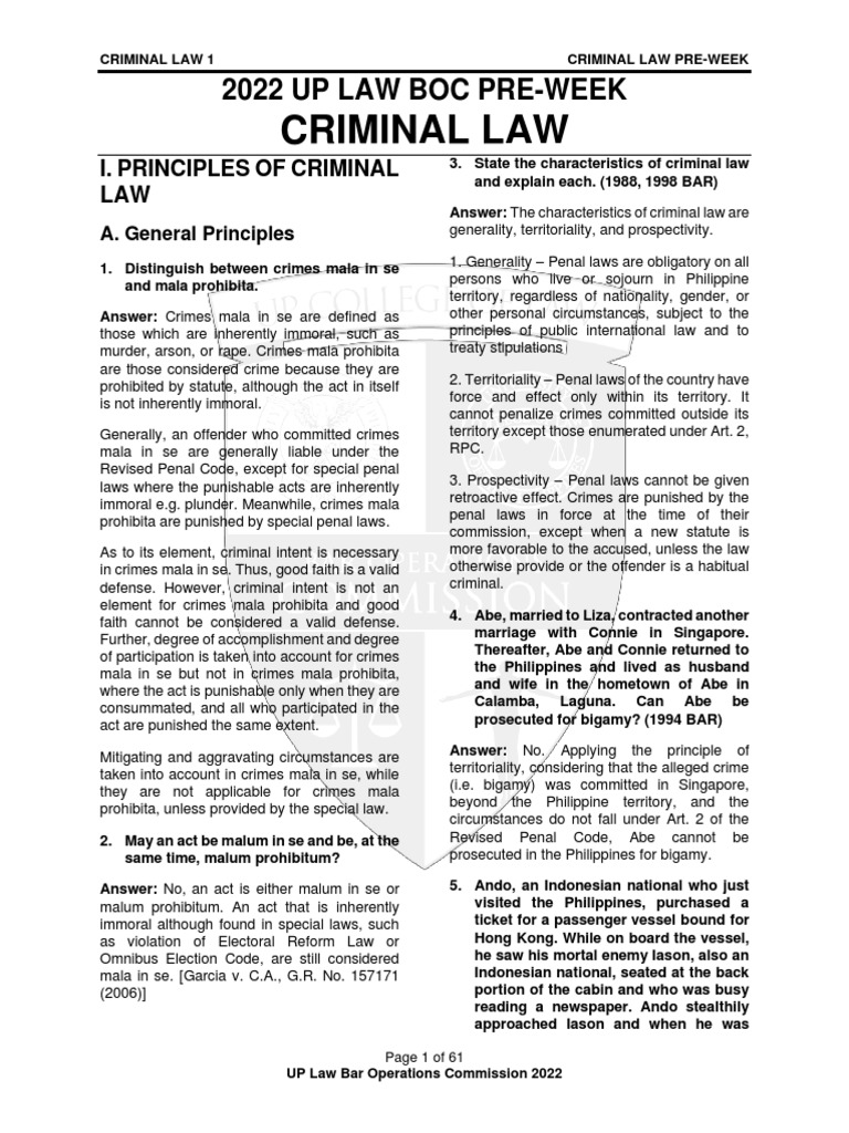 2022 UP LAW BOC Criminal Law Pre Week | PDF | Criminal Law | Crime ...
