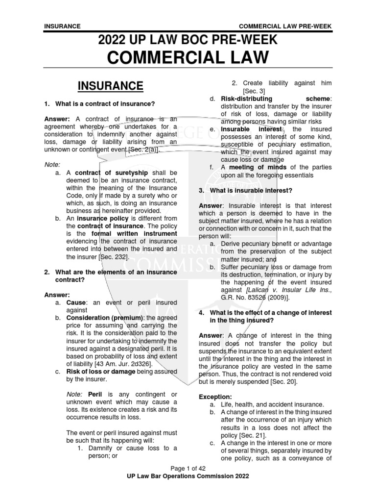 UP LAW BOC Commercial Law Pre Week | PDF | Insurance | Misrepresentation
