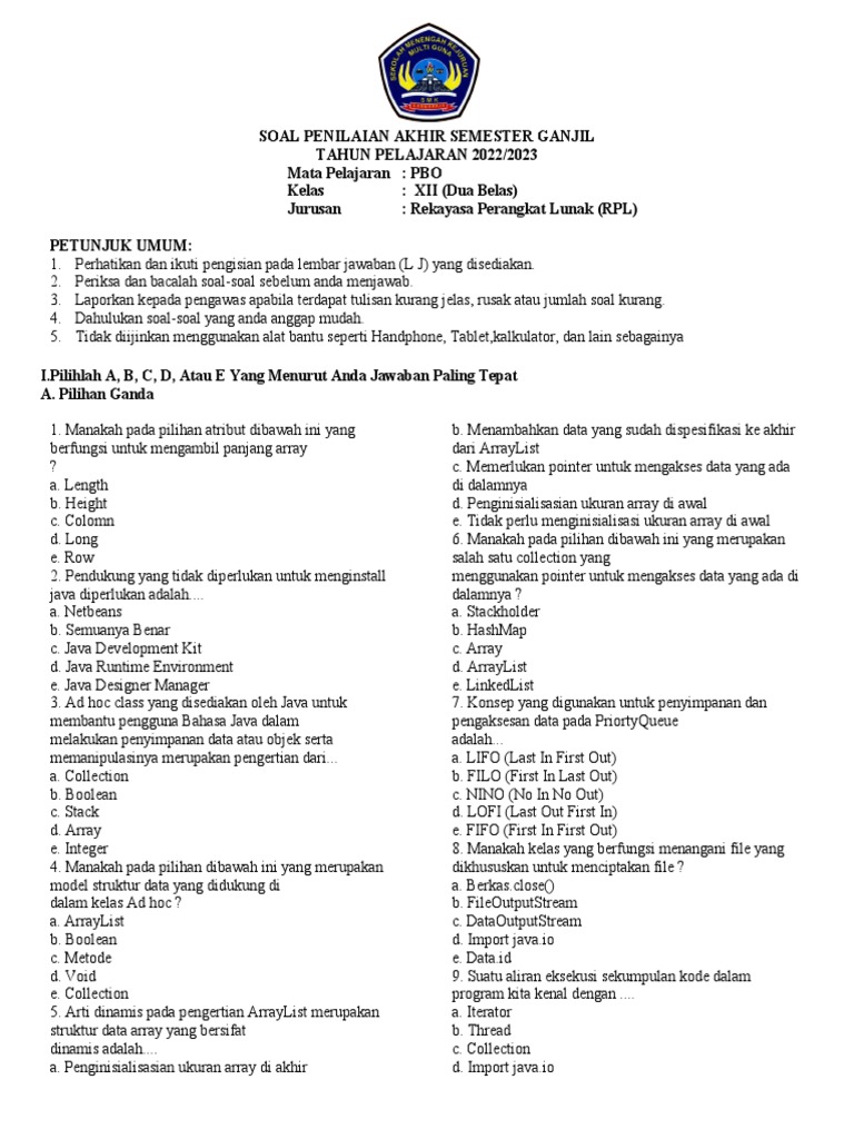 Soal Pas Ganjil Pbo Kelas 12 | PDF