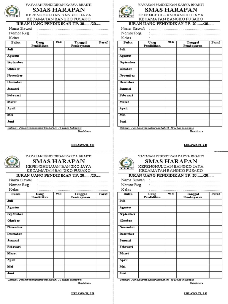 Contoh Kartu Pembayaran SPP Sekolah | PDF