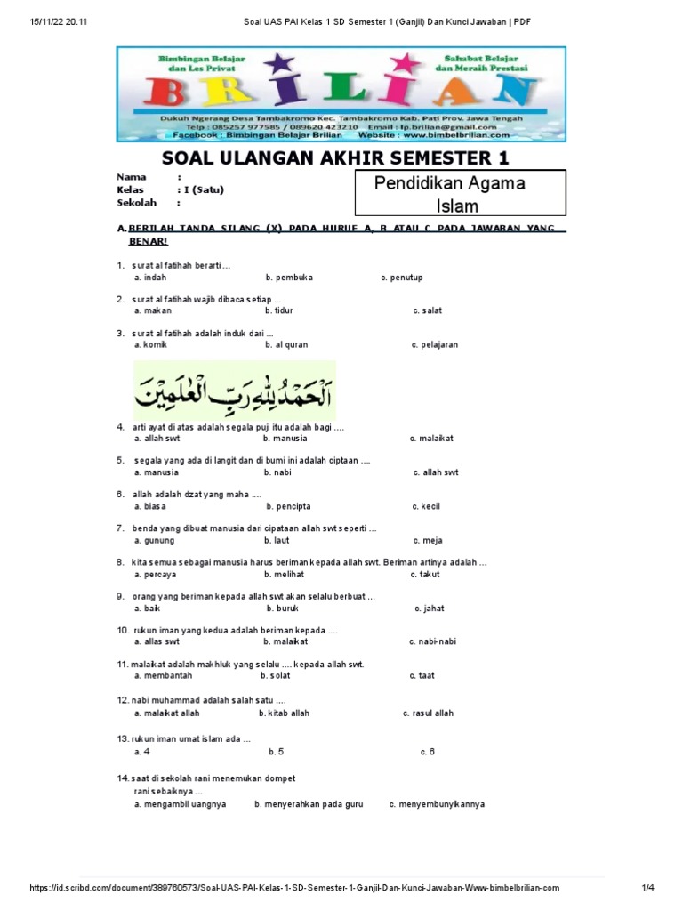 Soal UAS PAI Kelas 1 SD Semester 1 (Ganjil) Dan Kunci Jawaban - PDF | PDF