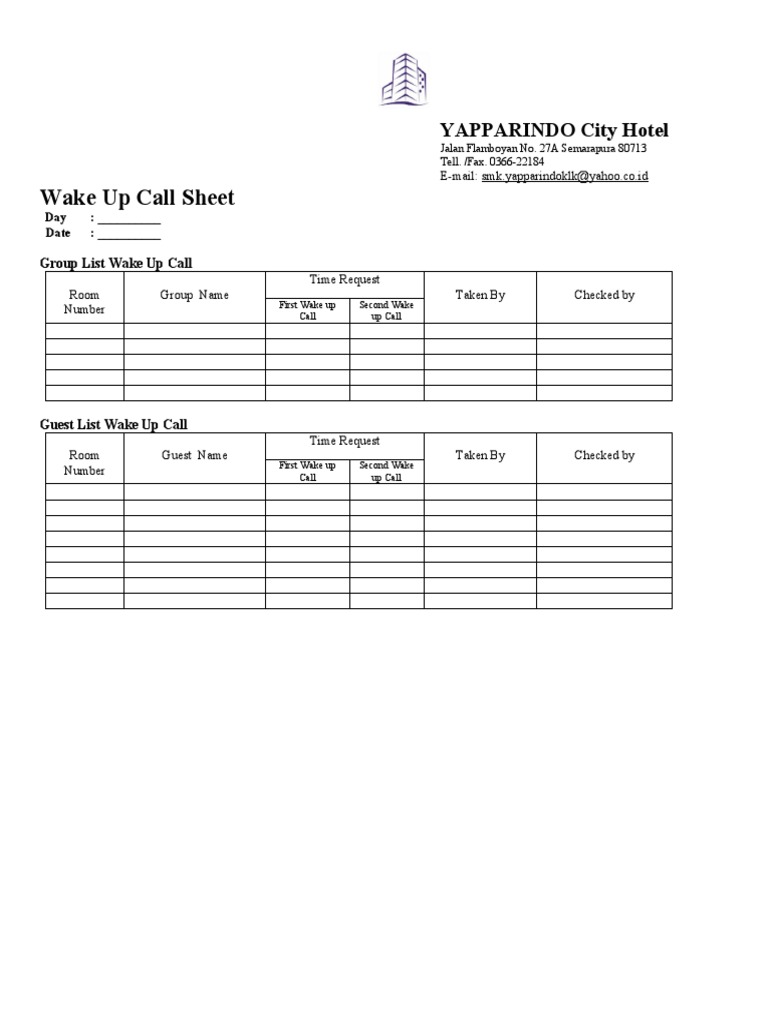 Wake Up Call Sheet YAPPARINDO City Hotel | PDF