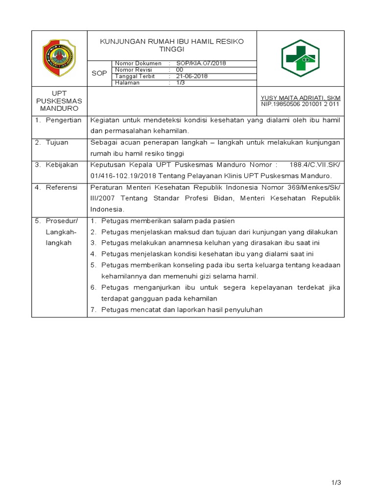 Sop Kunjungan Bumil Risti | PDF