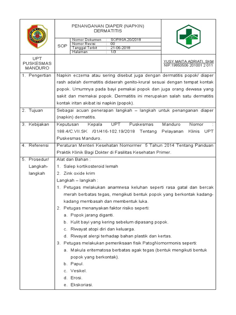 Sop Penanganan Diaper (Napkin) Dermatitis | PDF