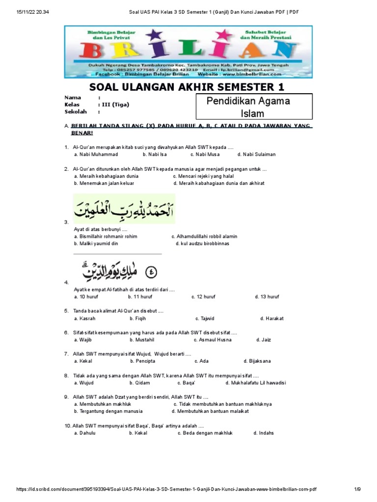 Soal UAS PAI Kelas 3 SD Semester 1 (Ganjil) Dan Kunci Jawaban PDF - PDF | PDF