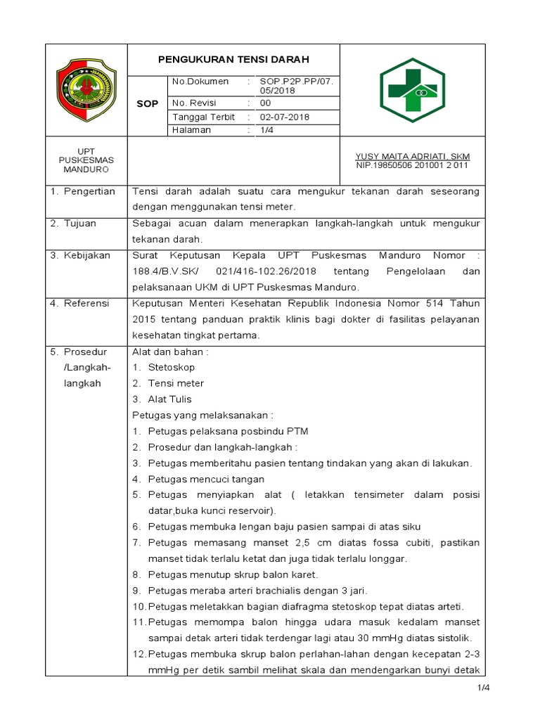 Sop Pengukuran Tensi Darah | PDF