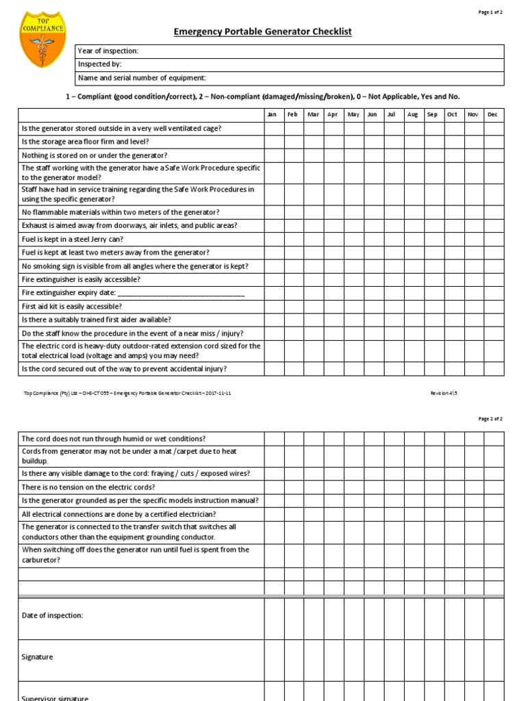 CHECKLIST - Emergency Generator | PDF | Electric Generator | Electrical Components
