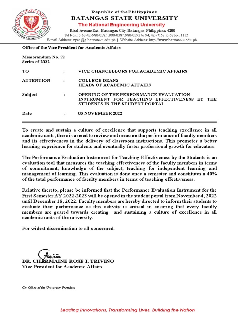 Memorandum No. 72 - Opening of The Performance Evaluation For Teaching ...