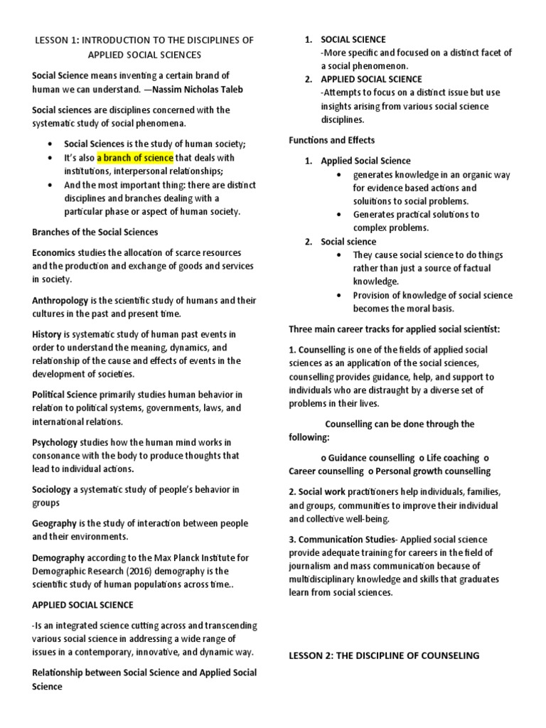 Introduction to the Disciplines of Social Science and Applied Social ...
