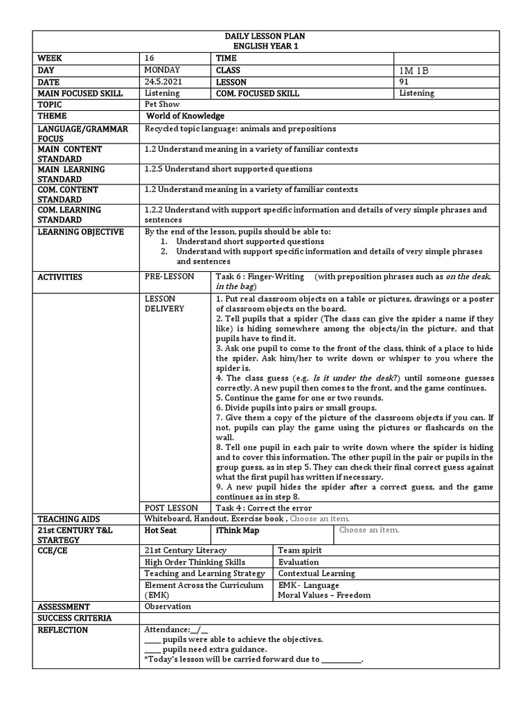 Daily Lesson Plan Week 16 | Download Free PDF | Lesson Plan | Pedagogy
