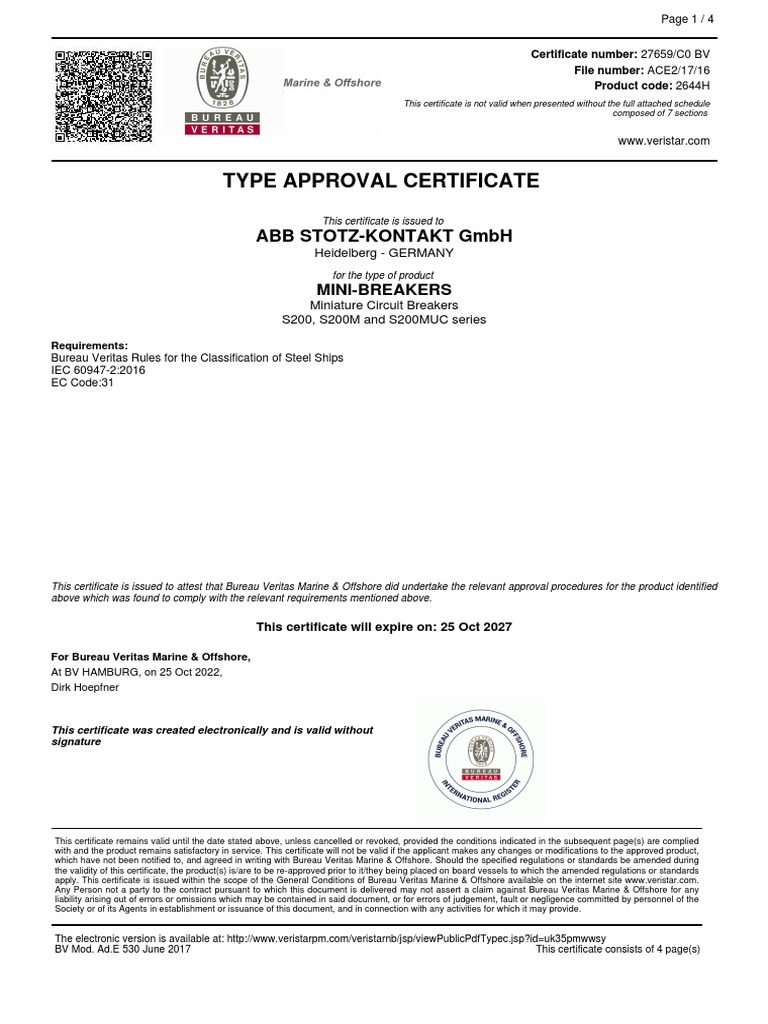 Certificate BV - S200-S200M-S200MUC - B-C-D-K-Z - IEC 60947-2 - 27659-C0-BV - G - C - B | PDF