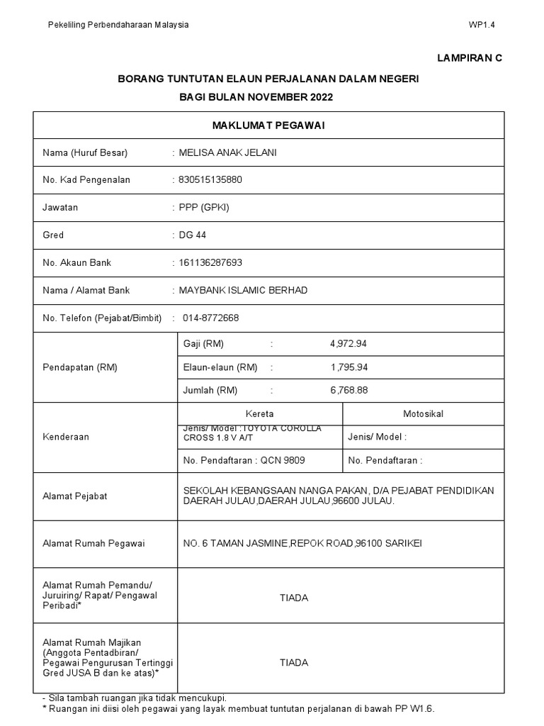 Lampiran 1 - Borang Tuntutan Perjalanan - Pekeliling Perbendaharaan Wp1.4 - Pindaan - Kuatkuasa ...