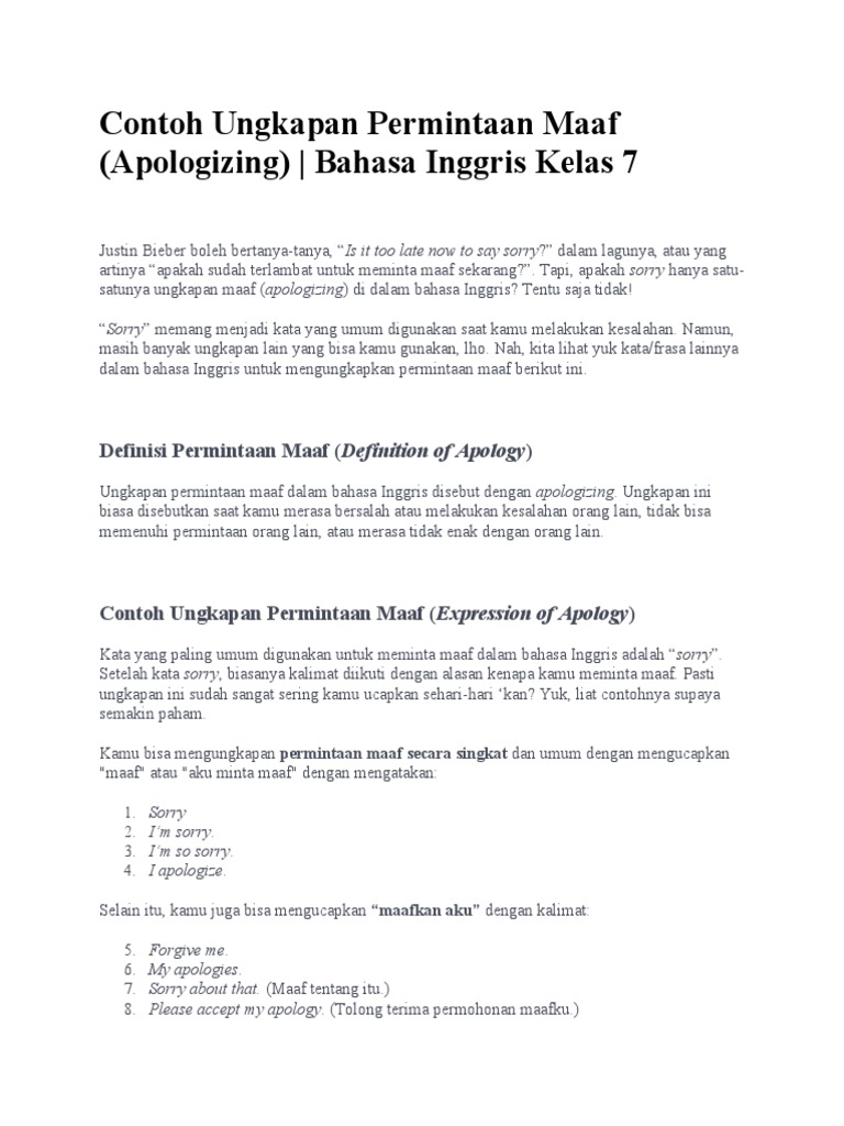 Contoh Ungkapan Permintaan Maaf Dalam Bahasa Inggris | PDF Contoh Ungkapan Permintaan Maaf Dalam Bahasa Inggris | PDF