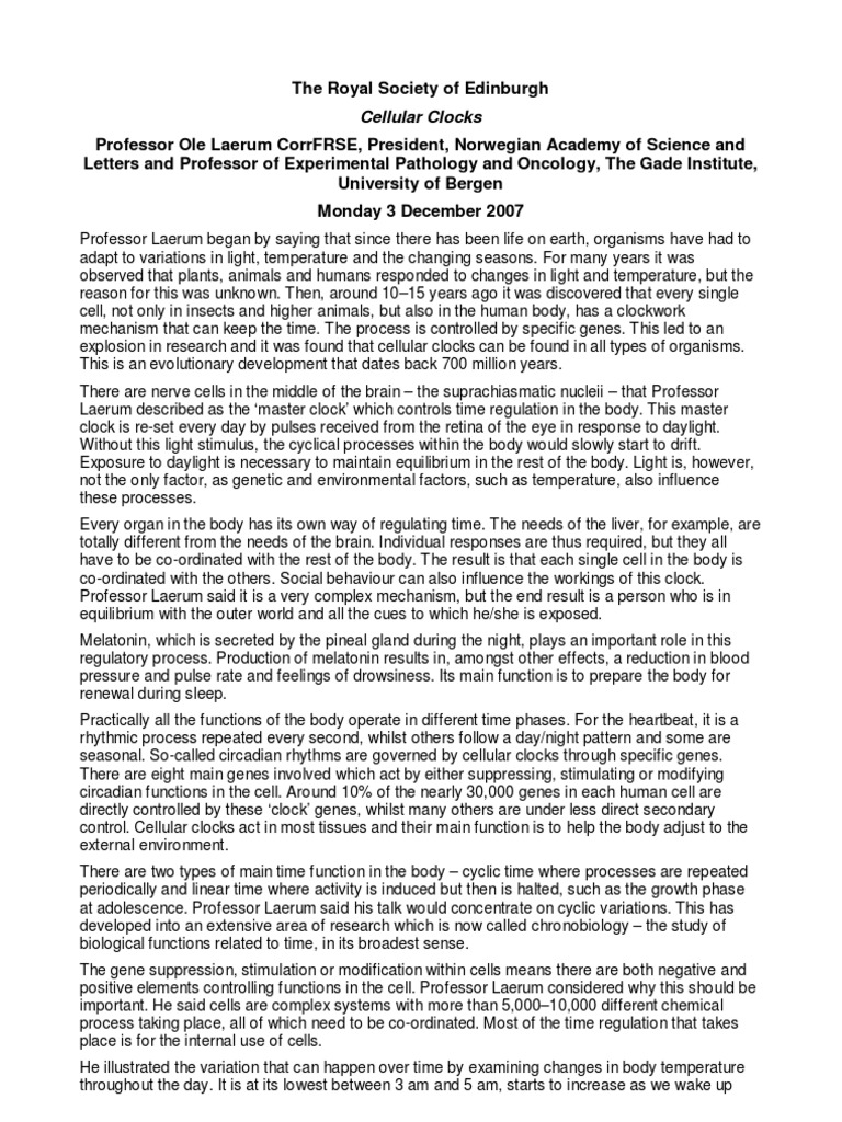 Cellular Clocks | PDF | Circadian Rhythm | Physiology