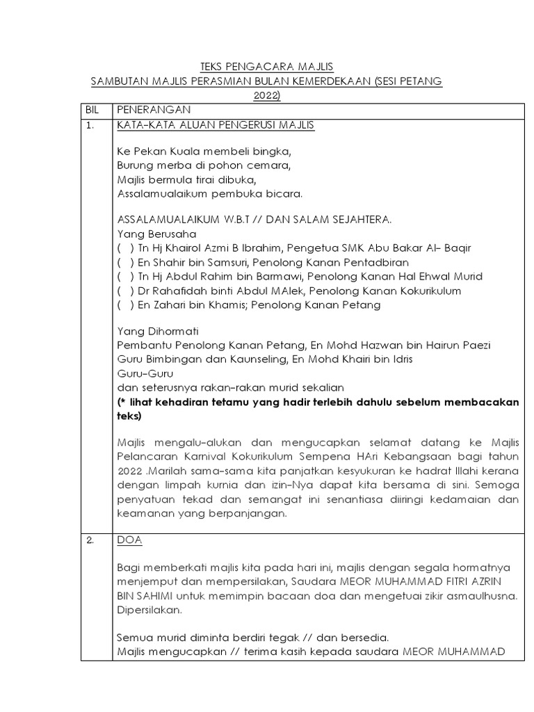 TEKS PENGACARA MAJLIS Perasmian Bulan Kemerdekaan 2022 | PDF