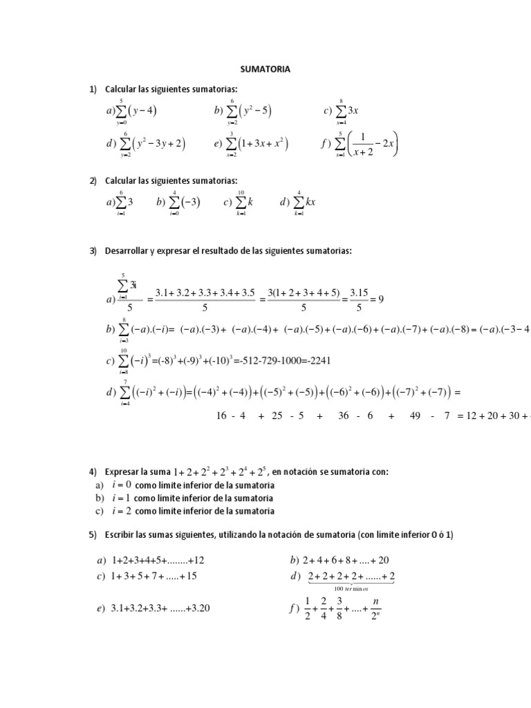 Práctico Sumatoria CON Respuestas | Descargar gratis PDF | Matemáticas ...