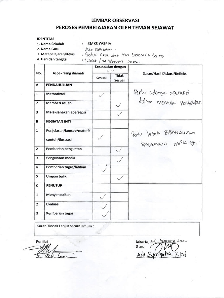 Lembar Observasi Teman Sejawat | PDF